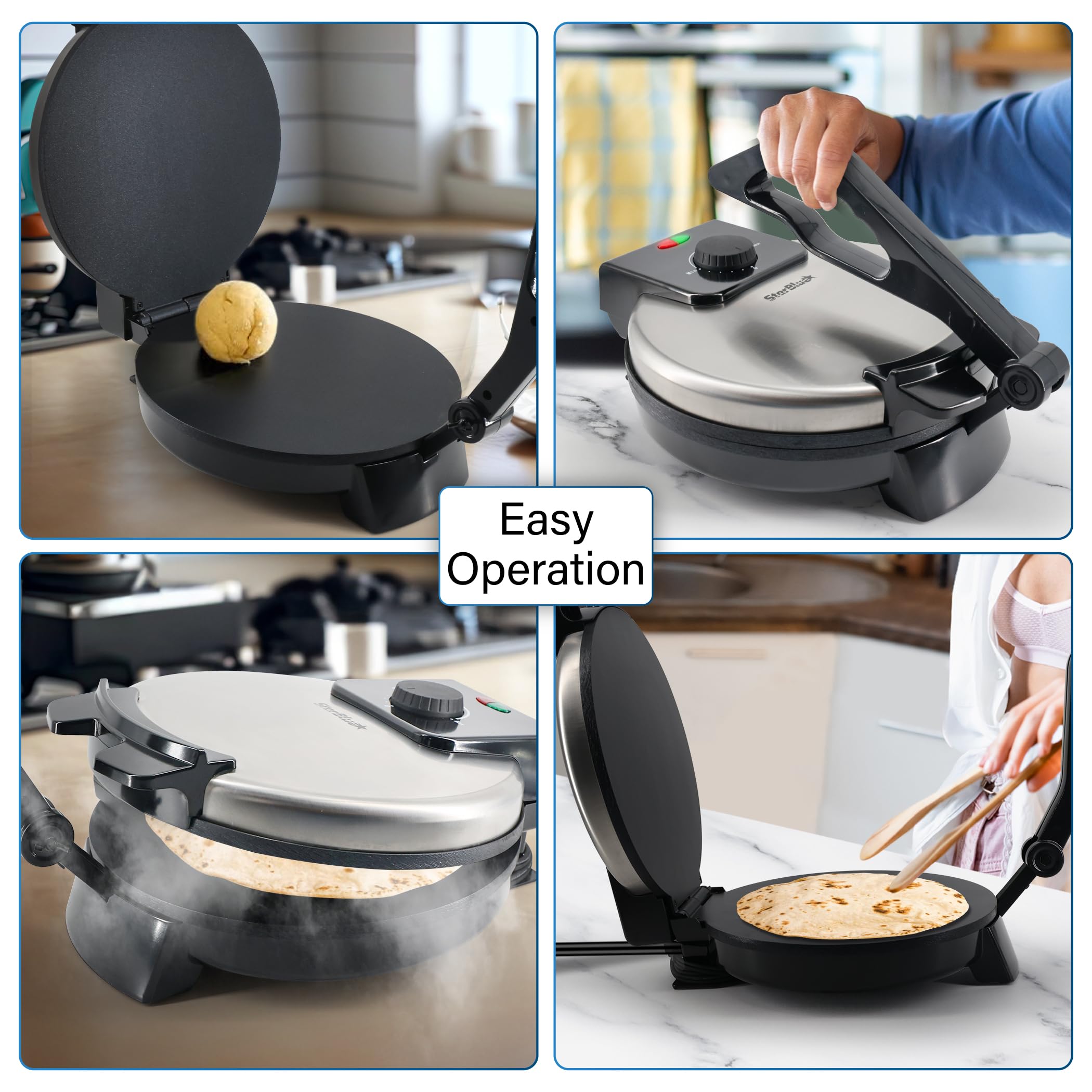10inch Roti Maker by StarBlue with FREE Roti Warmer and Removable Handle - The automatic Stainless Steel Non-Stick Electric machine to make Indian style Chapati, Tortilla, Roti AC 110V 50/60Hz 1200W
