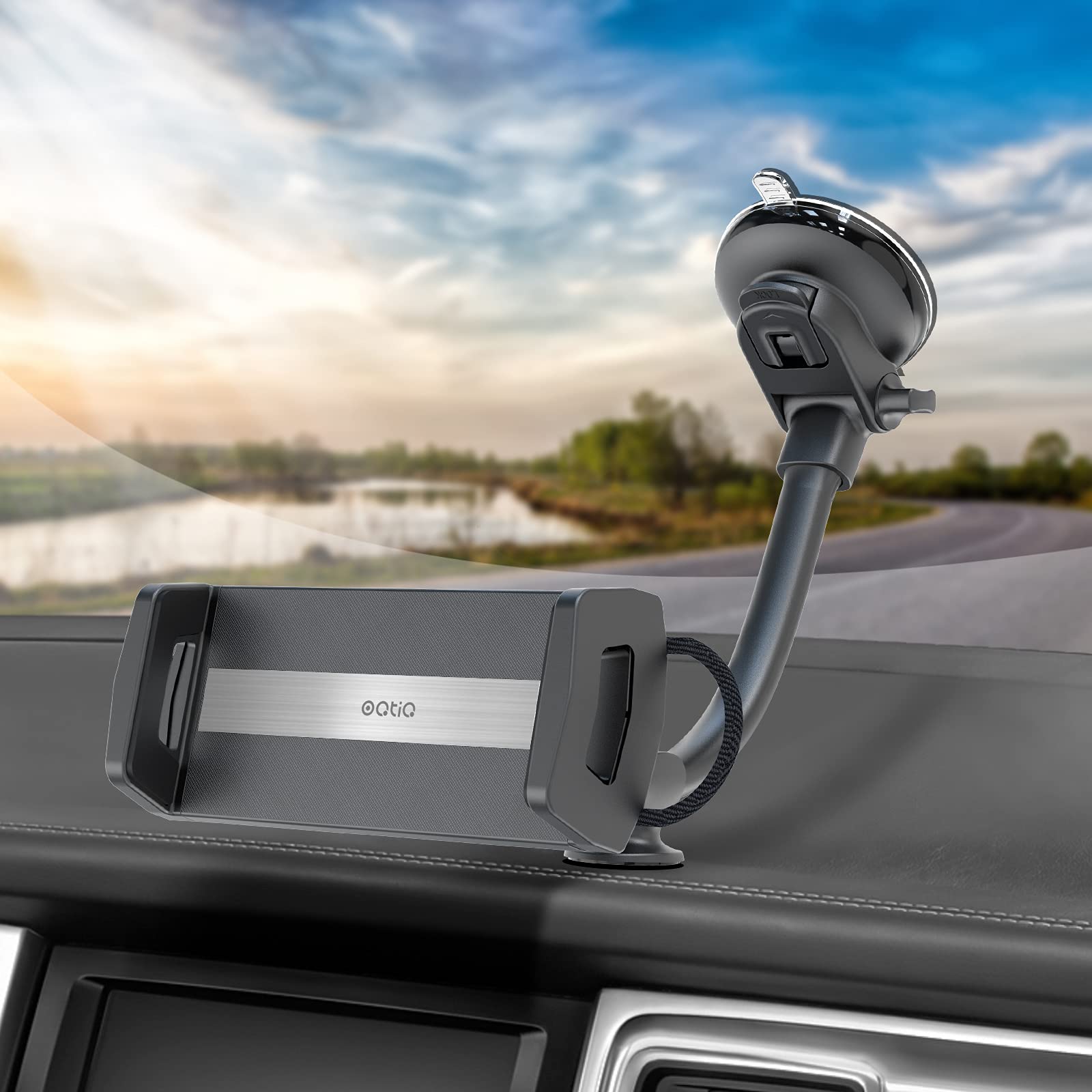 OQTIQ Tablet Holder for Car Dashboard Windshield Car Tablet Mount for Truck Strong Suction Cup Flexible Gooseneck Compatible with iPad Pro, Air, Mini, Galaxy, Fire, 4.7-13" Tablets, and 4-7" Phones