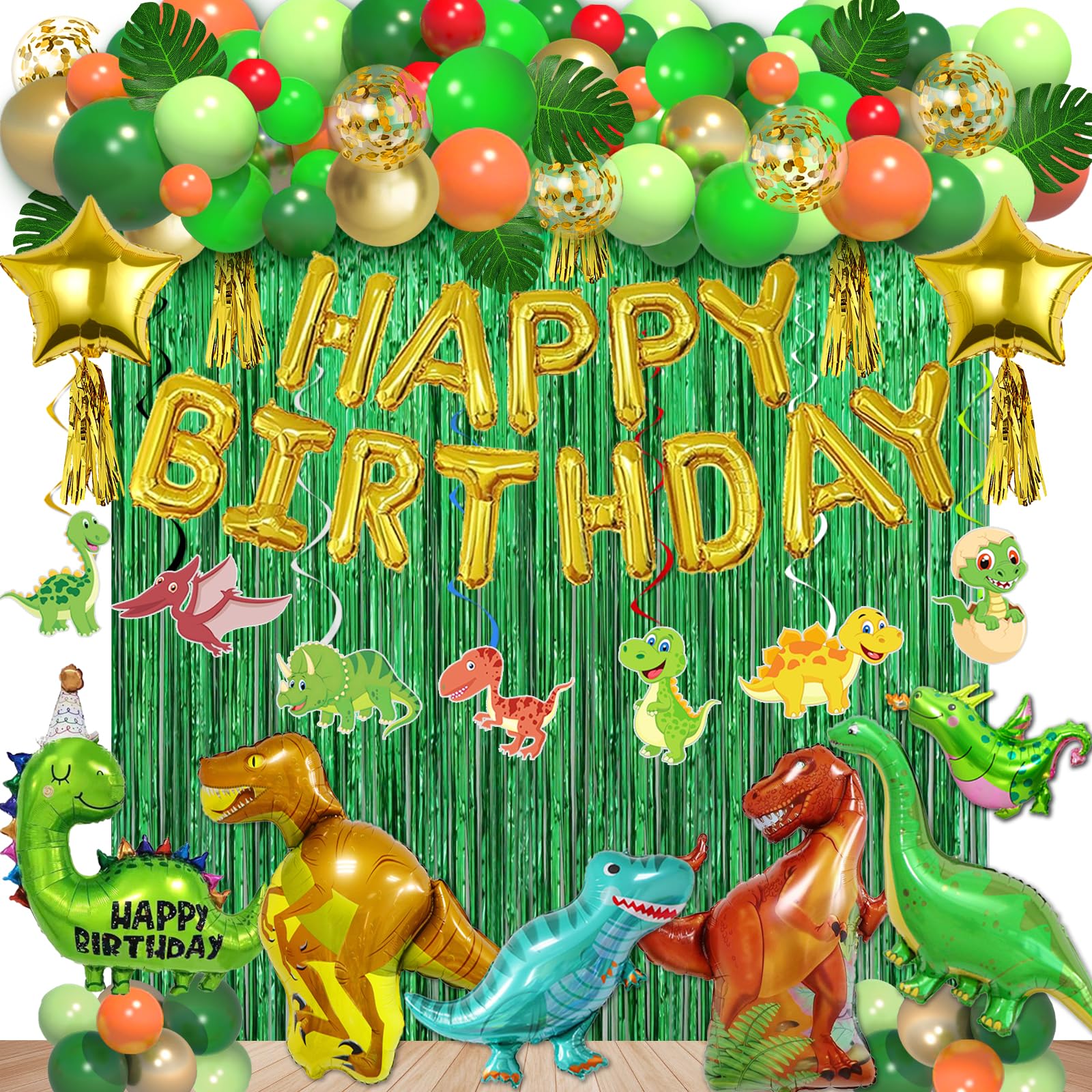 125pcs Dinosaur Birthday Party Decorations Supplies, Dinosaur Balloons Arch Garland Kit with Fringe Curtain, Dinosaur Balloons for Jungle Dinosaur Baby Shower Decorations for Boy Kids