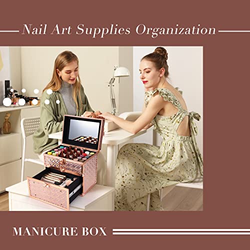 Costravio Nail Supplies Organizer Box Nail Polish Storage Case for Nail Tech or Home Use With Drawer and Slots Travel Makeup Train Case Portable Lockable - Rose Gold