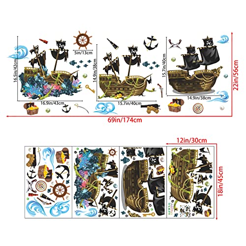 4 Sheet Pirate Ship Wall Sticker Shipwreck Wall Decal DIY Self-Adhesive Waterproof Waves Treasure Fish Hook Pearl Coral Reef Wall Art Decoration for Kitchen Bathroom Kids Boys Bedroom Playroom Nursery (A)