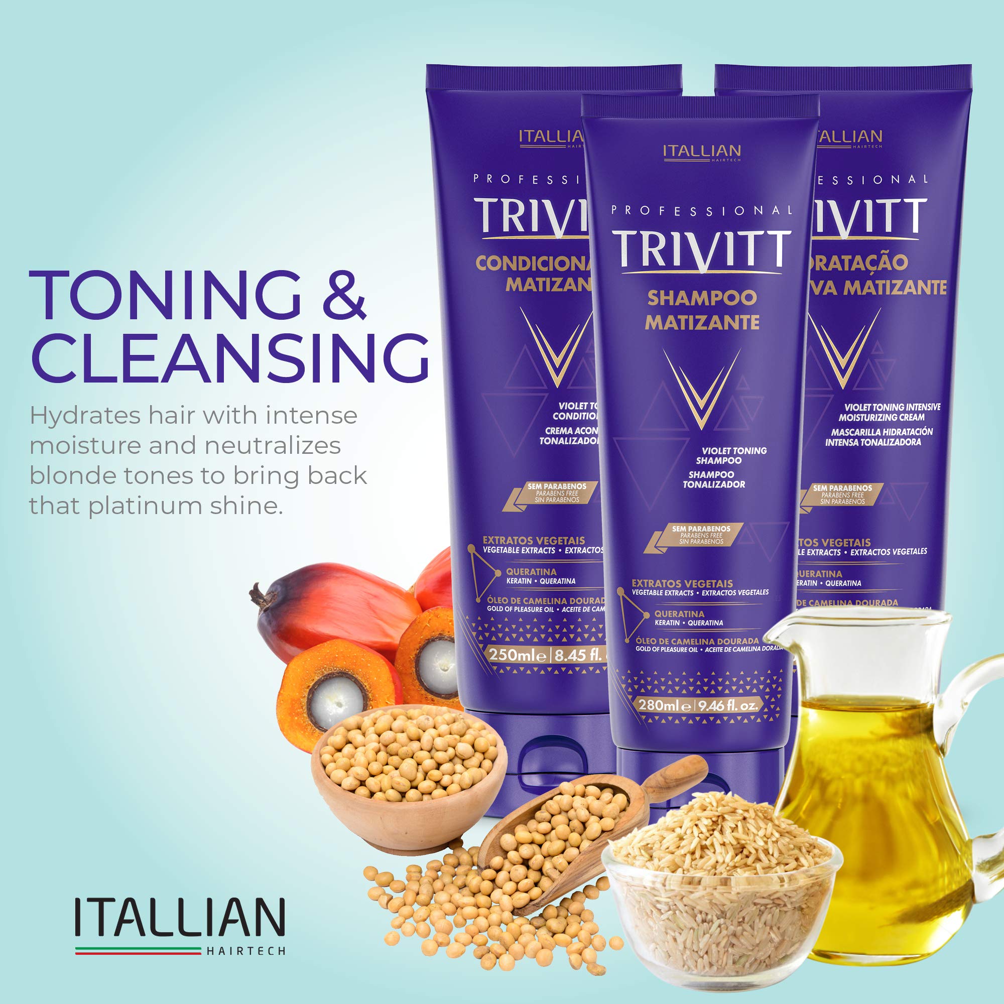 3 Piece Violet Toning Kit for Blonde Hair - Shampoo 280ml, Conditioner Cream 250ml, Intensive Moisturizing Cream 250ml for Advanced Hydration and Repair - Professional Trivitt by Itallian Hairtech