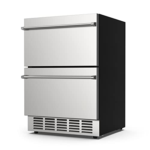 24 Inch Under Counter Double Drawer Fridge, Indoor and Outdoor Beverage Refrigerator, Weather Proof Stainless Steel Beverage Fridge for Home & Commercial Use, Built-in and Freestanding (Foam Door)