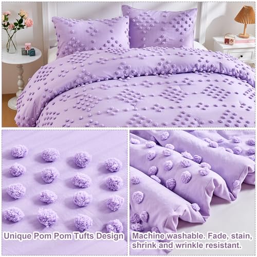 3-Piece Queen Size Kids Bedding Set for Girls Purple Boho Tufted Dots Jacquard Pom Pom Tufts Embroidery Bed-in-a-Bag Bohemian Kids Comforter Set for Boys with Comforter, 2 Pillowcase
