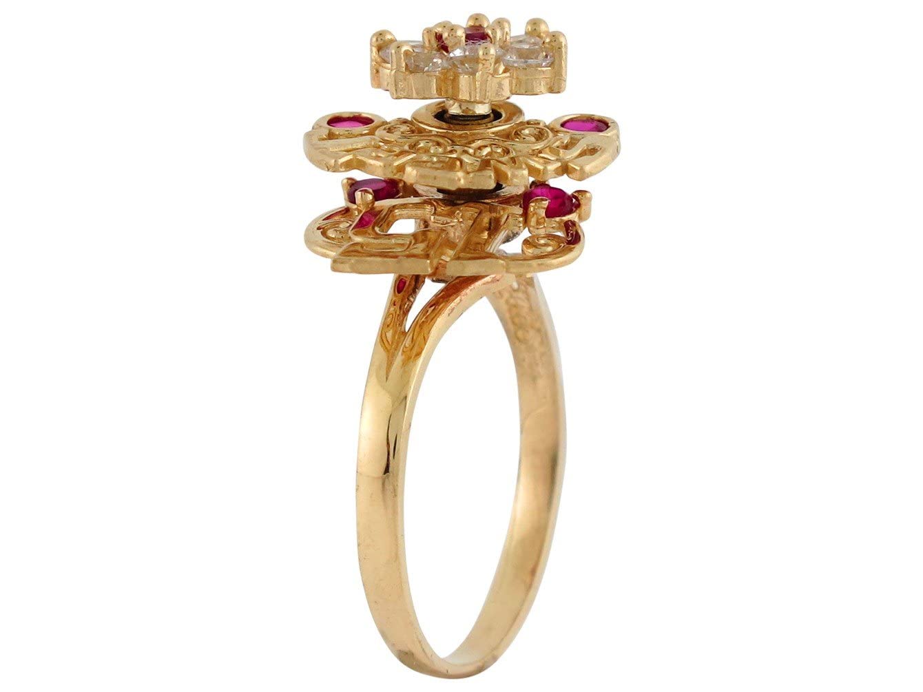 10k Gold Quinceanera Sweet 15 Motion Spinning Simulated Ruby White CZ Floral Ring - Size 7.00