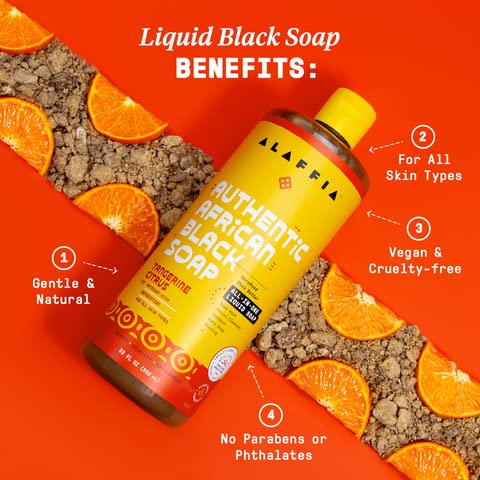 Alaffia Authentic African Black Soap Variety 2-Pack – All-In-One Liquid Soap, Travel-Size Eucalyptus Tea Tree + Full-Size Tangerine Citrus Body Wash, Face Wash, Shampoo, Shaving Soap