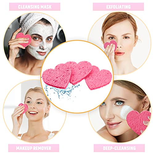 Nuenen 60 Pieces Facial Sponges with Container, Heart Shape Compressed Face Sponges Natural Cleaning Pads for Washing Face Cleaning Exfoliating Esthetician Makeup Removal(Pink)