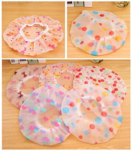 AKOAK 5 Pieces Reusable Waterproof EVA Plastic Lace Elastic Band Flower Printed Hat Environmental Protection Hair Bath Caps Shower Caps