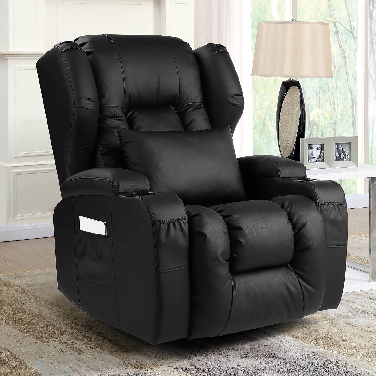 URRED Nursery Rocking Chair Glider, Swivel Rocker Recliner Chairs, Glider Rocker Nursery Recliner with Cup Holders, Side Pockets, Manual Recliner, Faux Leather (Black)