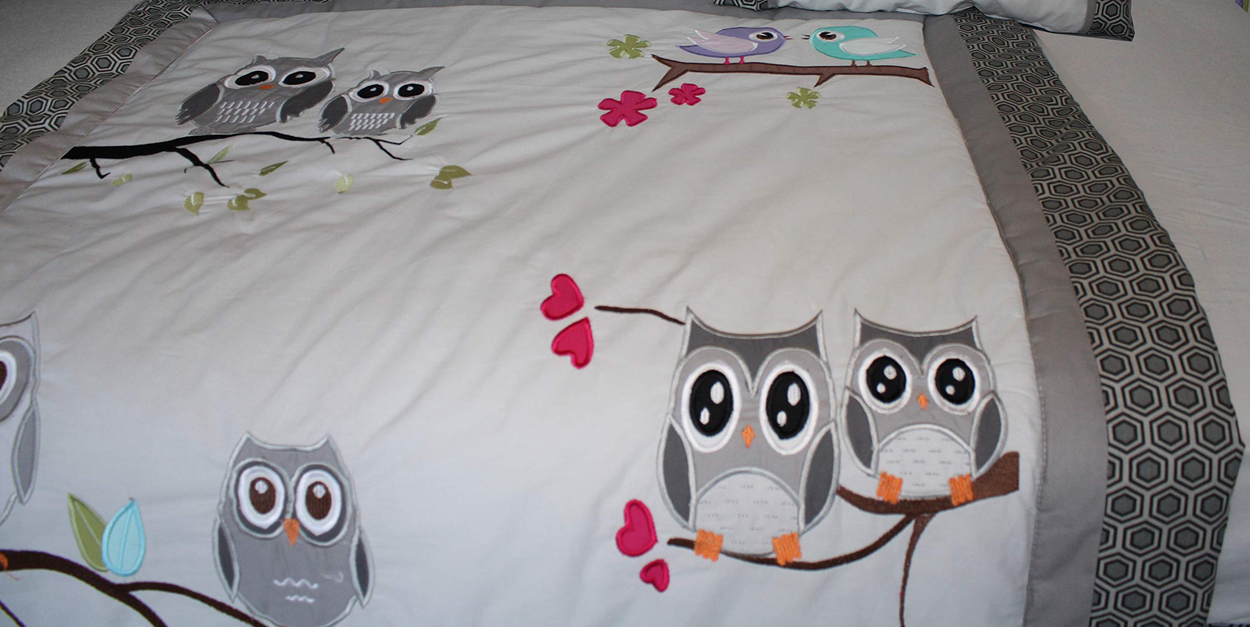 BabyFad Owl Grey White Nursery 9 Piece Baby Crib Bedding Set 100% Cotton