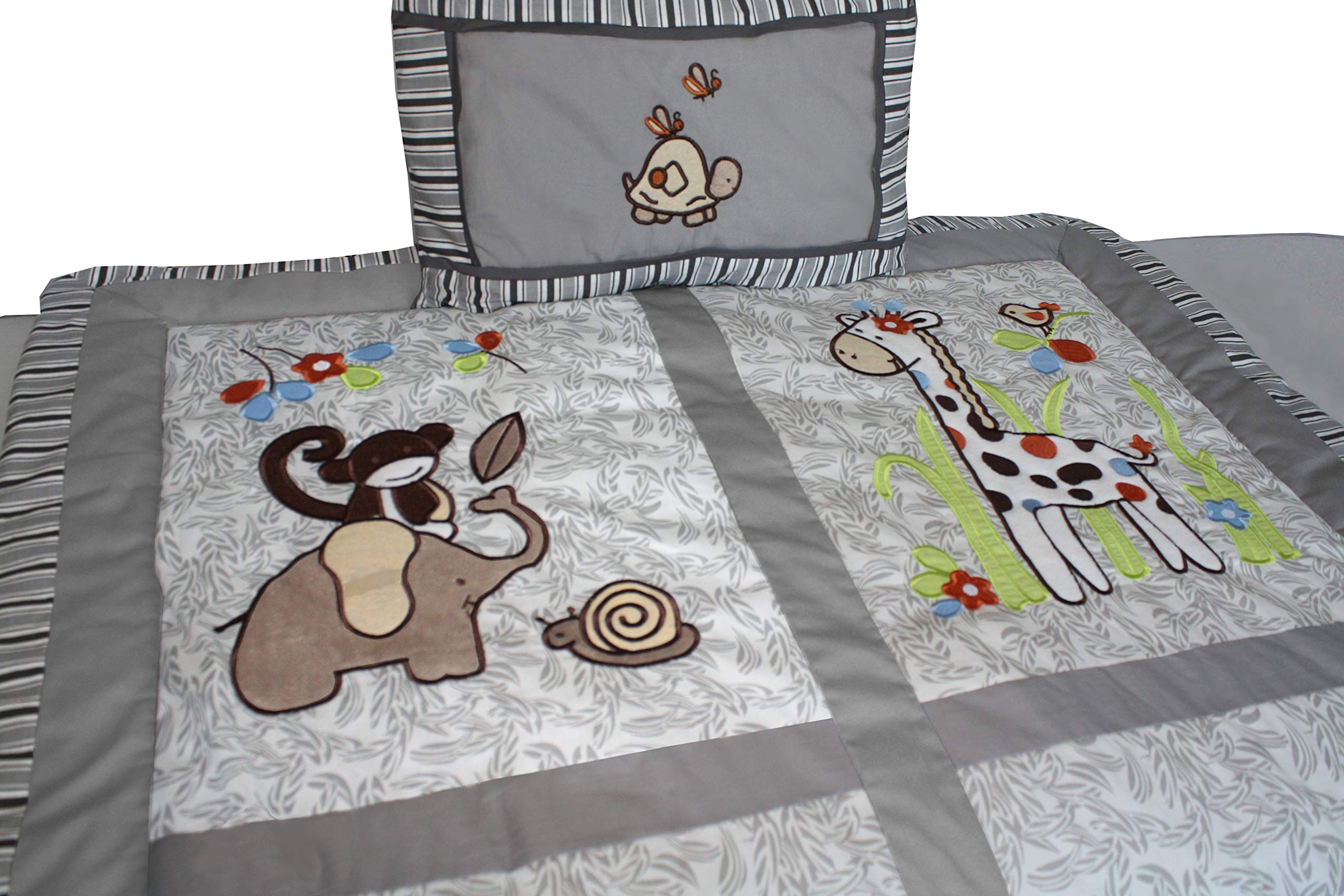 BabyFad Jungle Grey with Elephant, Giraffe, Zebra and Turtle with Musical Mobile Nursery for Boys and Girls, 9 Piece Baby Crib Bedding Set 100% Cotton