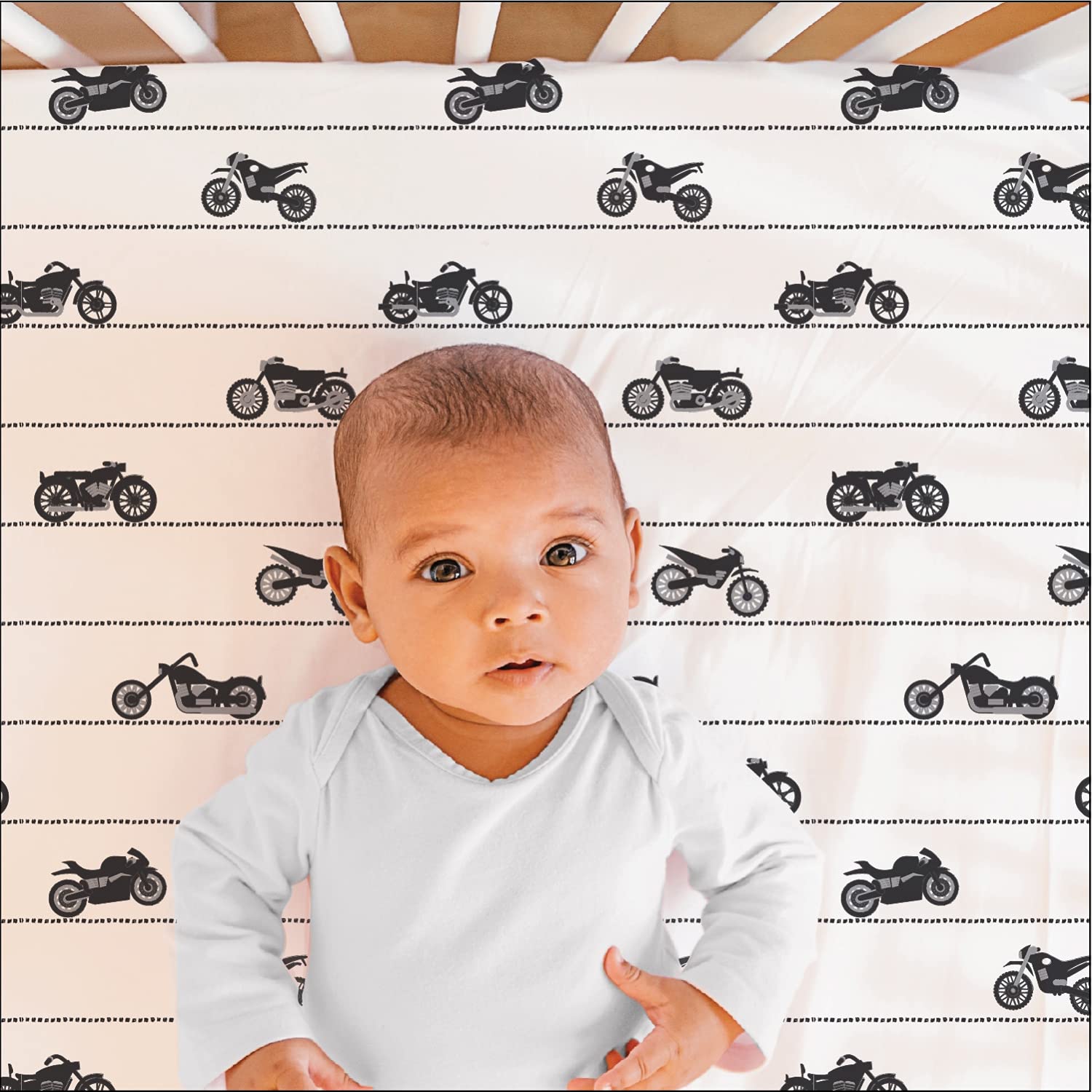 The Peanutshell Motorcycle Fitted Crib Sheet Set | Unisex 4 Pack | Motorcycle & Black Plaid