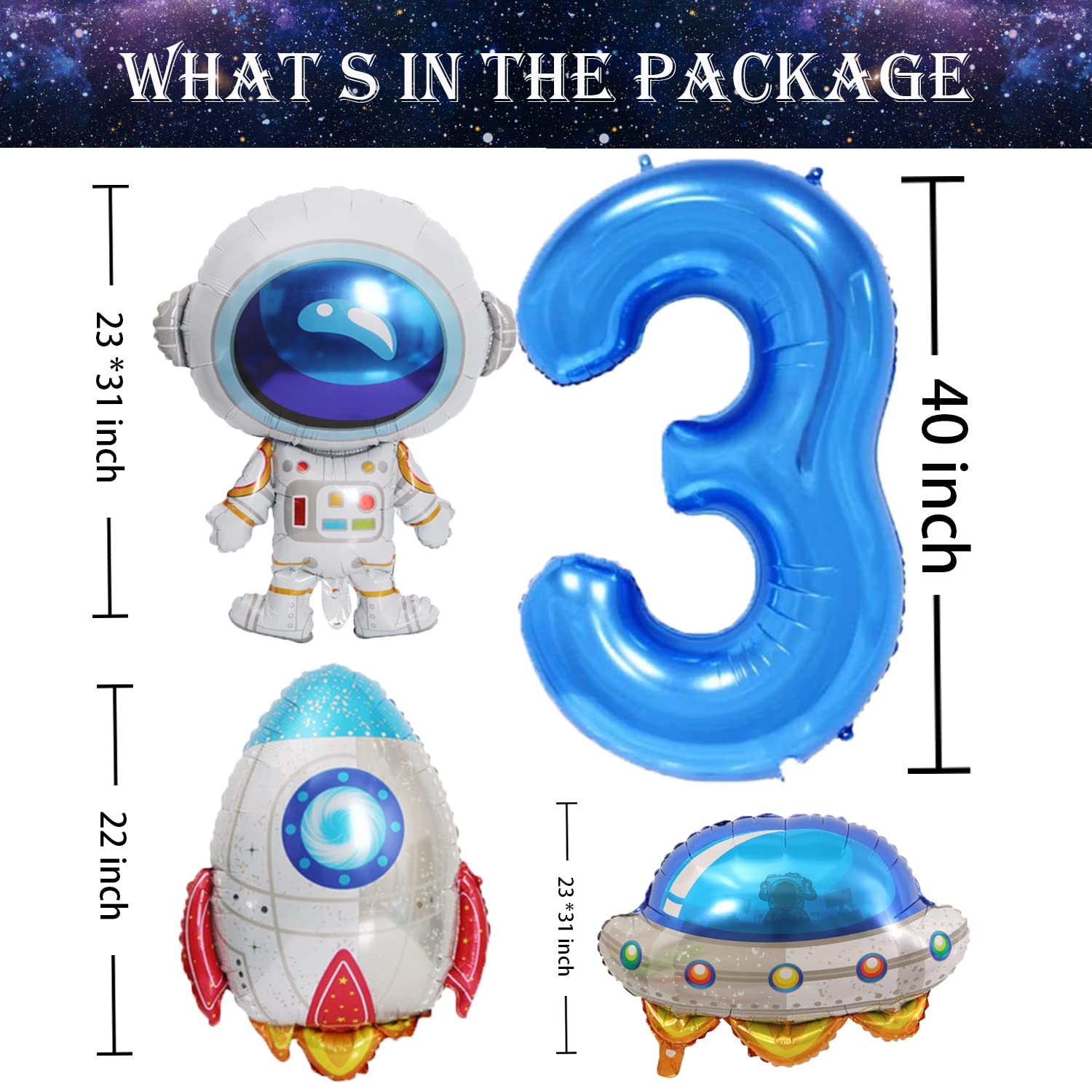 13 PCS Space Theme Birthday Party Decoration - Outer Space Balloons for 3rd Birthday Supplies, Foil Balloons for 40 Inch Blue Number 3 Astronaut Rocket Star Moon Galaxy Earth (3rd)