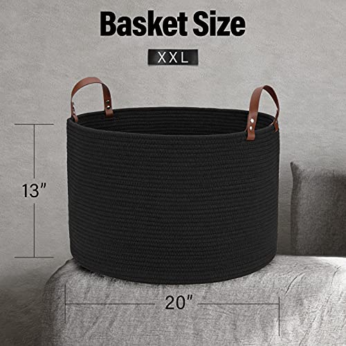 Cotton Rope Basket XXL Blanket Basket for Blankets Large Woven Storage Basket Round Rope Basket Black Toy Basket Woven Laundry Basket with Real Leather Handle, 20''X20''X13''
