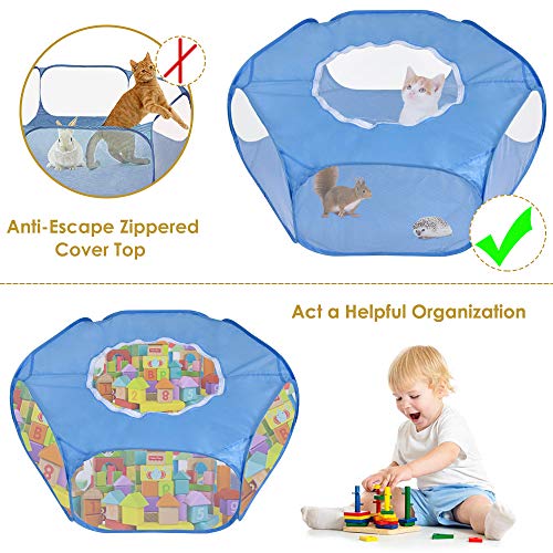 AUTOWT Small Animal Playpen, Breathable Transparent Pet Tent with Top Cover Auto-Open Indoor Outdoor Exercise Foldable Yard Fence for Kitten, Puppy, Guinea Pig, Rabbits, Hamster and Hedgehogs (Blue)