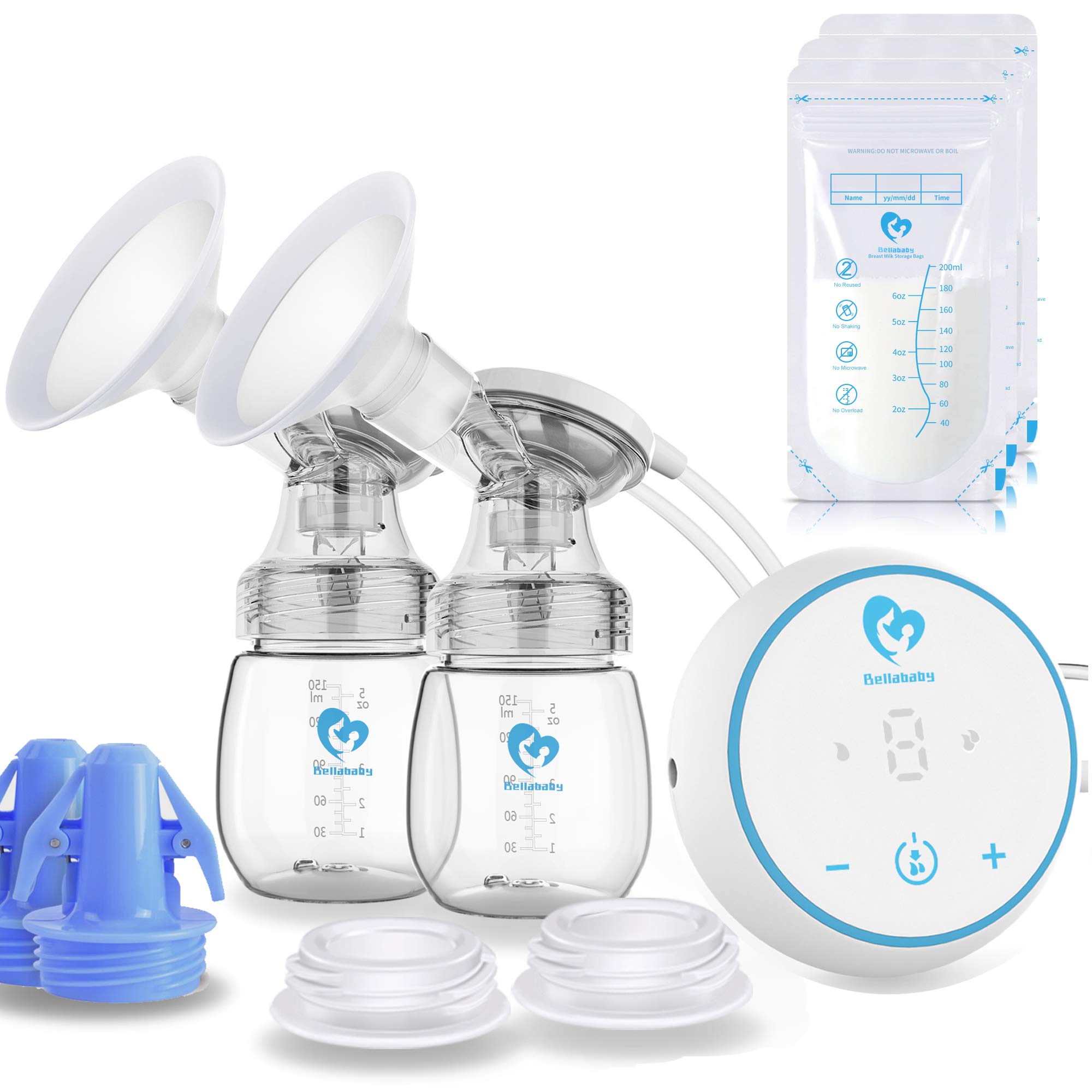 Bellababy MiniO Breast Pump,Electric Double Breast Pump Rechargeable,Come with 24mm Detachable Flanges,10 Storage Bags,2 Storage Bag Adapters,2 Bottle Neck Adapters