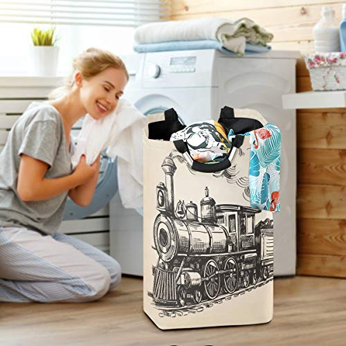 AUUXVA Laundry Basket Vintage Steam Locomotive Train Laundry Hamper with Handles Large Storage Clothes Toys Collapsible Laundry Bag for Bathroom Office Bedroom