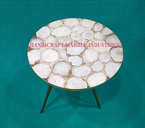 12" Inch Round Natural White Agate Coffee Table with Gold or Silver Foil coated borders with Metal Base, Agate Table, Stone Coffee Table, Agate Table Top, Agate Round Coffee Table