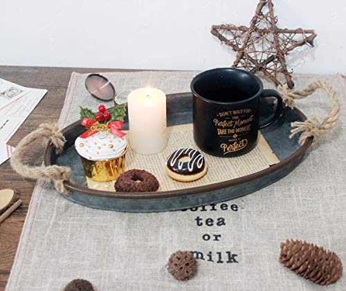 Funerom 13.9X 8.8 inch Galvanized Metal Oval Tray with Rope Handle，Farmhouse Serving Tray.