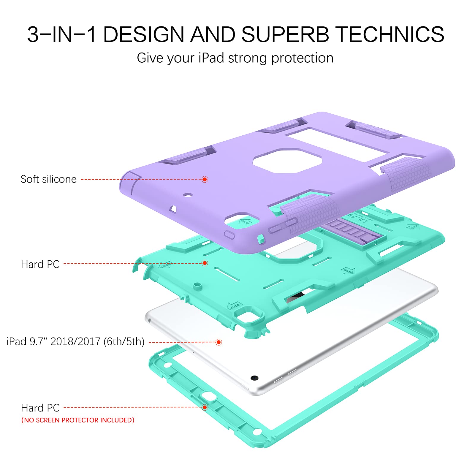 BENTOBEN for iPad 6th Generation Cases, iPad 5th Generation Case, iPad 9.7 2018/2017 Case, 3 in 1 Heavy Duty Rugged Shockproof Kickstand Protective Tablet Cover for iPad 9.7" 2018/2017, Purple/Green