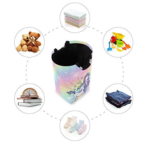ALAZA Cute Laundry Hamper Kids Girls, Fabric Laundry Bakset Collapsible, Dirty Clothes Hamper, Rainbow Magic Unicorn Mermaid Girl