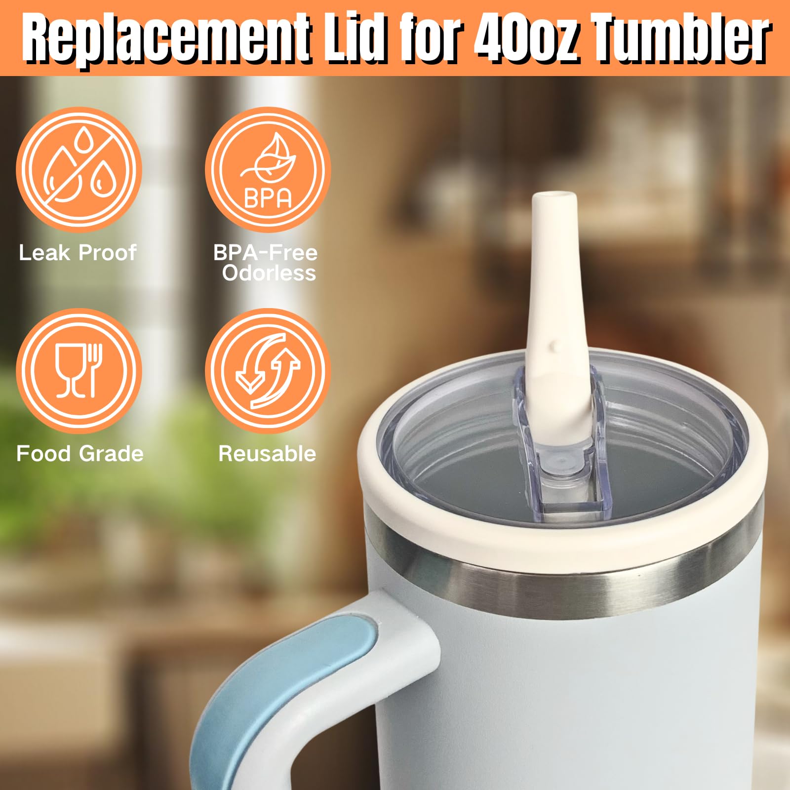 2 Pack 40 oz Tumbler Flip Straw Lid Replacement Compatible with Stanley Quencher, Leak-Proof Splash Resistant Tumbler Top Replacement Reusable Tumbler Cover(Beige)