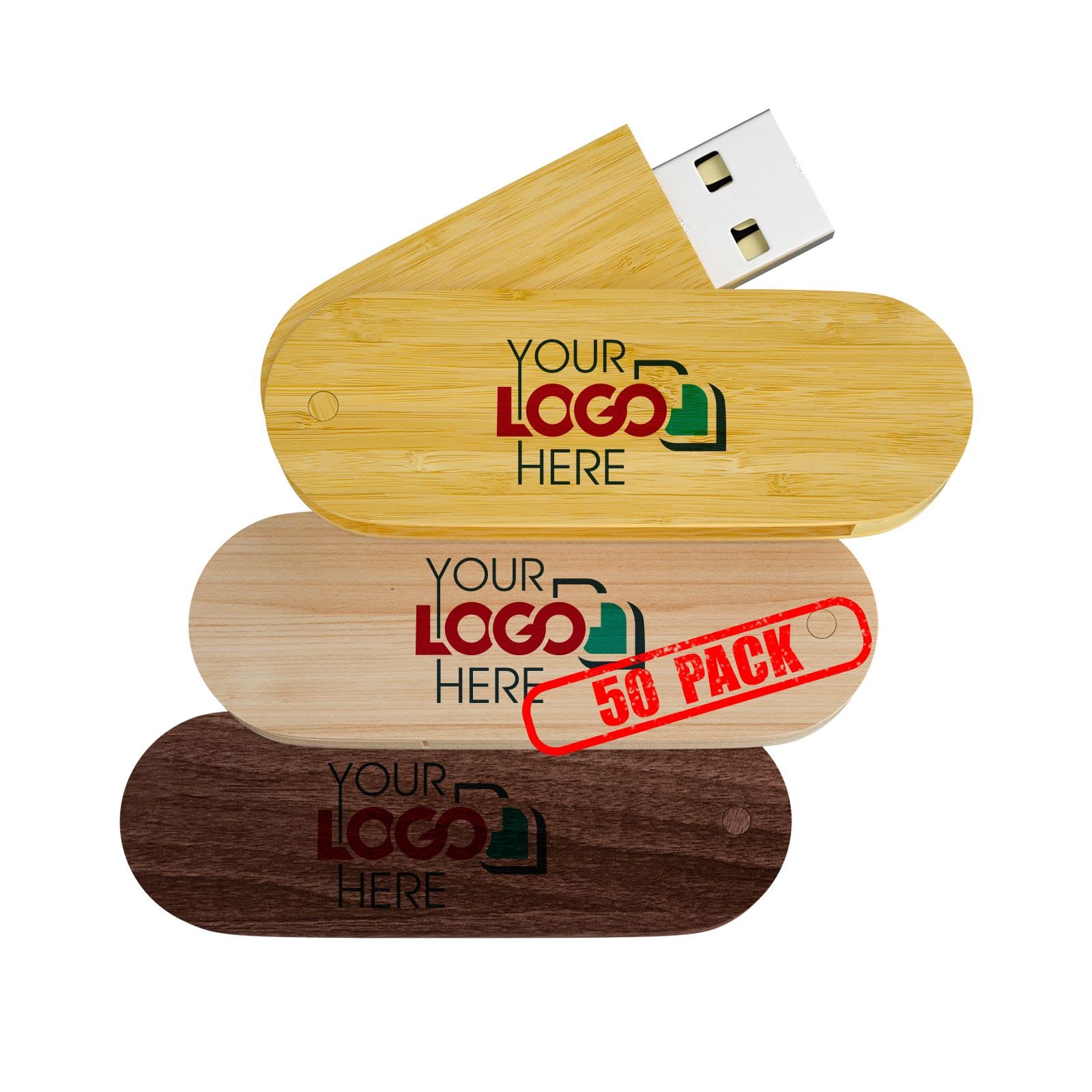 Possibox Custom Swivel Wooden USB 2.0 Flash Drive 128MB Imprinted or Engraved with Your Logo - Bulk Wholesale Promotional - 50 Pack