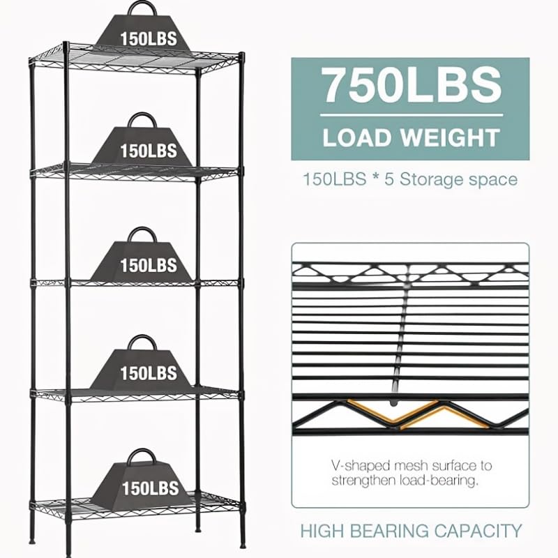 1pc Black 5-tier Storage Rack, Heavy Duty Storage Shelving Unit (150 Lbs Loading Capacity Per Shelf), Steel Organizer Wire Shelf, Can Be Used In Bathroom, Dining Room, Living Room, Bedroom, Garage