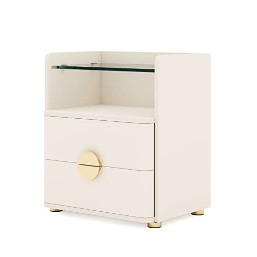 2-Drawer Nightstands Set of 2, Modern Night Stand with Open Tempered Glasses Storage Space, Wooden Bed Side Table for Bedroom, Side End Table for Living Room, Easy Assembly