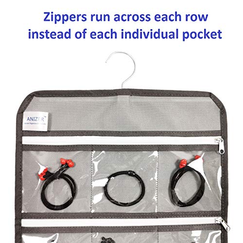 ANIZER Travel Foldable Jewelry Rolls Bag Hanging Jewelry Organizer with 9 Zippered Clear Pockets Storage Pouch with Rotatable Hanger (GREY)
