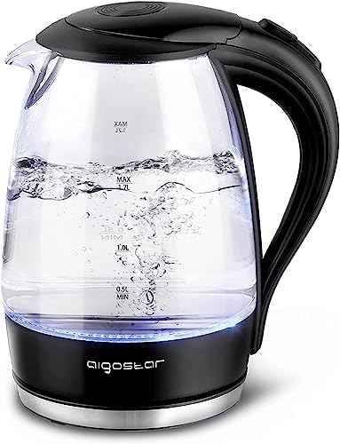 Aigostar Electric Kettle, 1.7 Liter Electric Tea Kettle with LED Illuminated and High Borosilicate Glass, Hot Water Kettle with Filter, BPA Free, Auto Shutoff, Boil-Dry Protection, Cordless, 360° Base