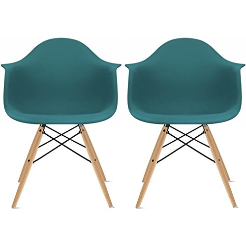 2xhome Modern Dining Side Chairs from Molded Plastic Armchair Shell with Natural Wooden Legs, Teal, Set of 2