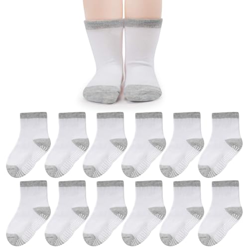 CozyWay Toddler Socks With Grippers Non Slip Crew Grip Socks for Girls and Boys Soft Comfy Cotton - 1T-3T Unisex Multi Color - 12 Pack