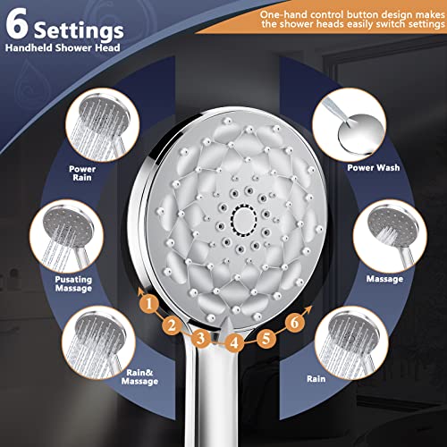 12" Rainfall Shower Head with Handheld Combo, High Pressure Shower Heads with Upgraded 12" Adjustable Curved Shower Extension Arm, 6 Settings Handheld Shower Head Built-in Power Wash Anti-leak(Chrome)