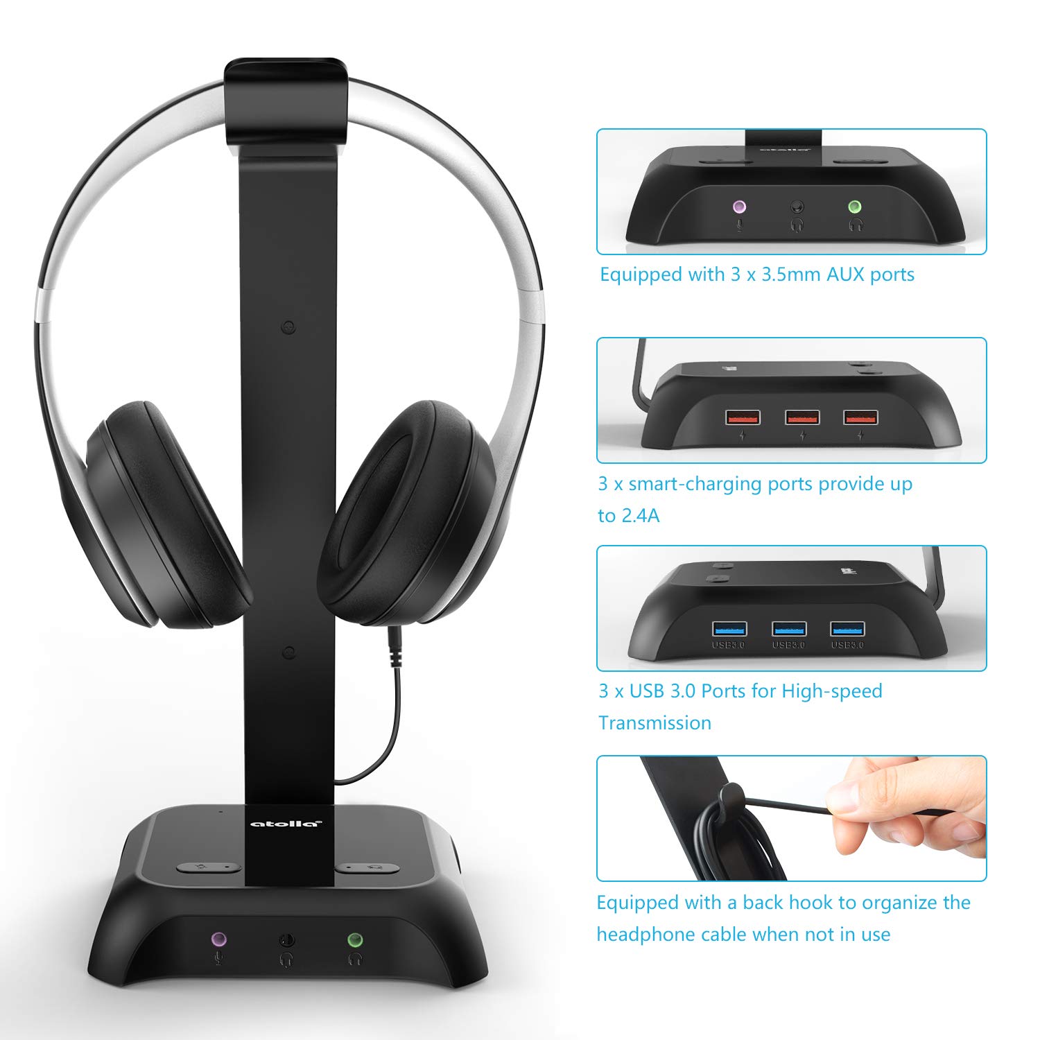 atolla USB Hub, USB 3.0 Hub with Headphone Stand, Powered USB Hub with 3 USB 3.0 Ports and 3 USB Charging Ports, 3.5mm AUX Ports with On/Off Switches, and 12V/2.5A Power Adapter