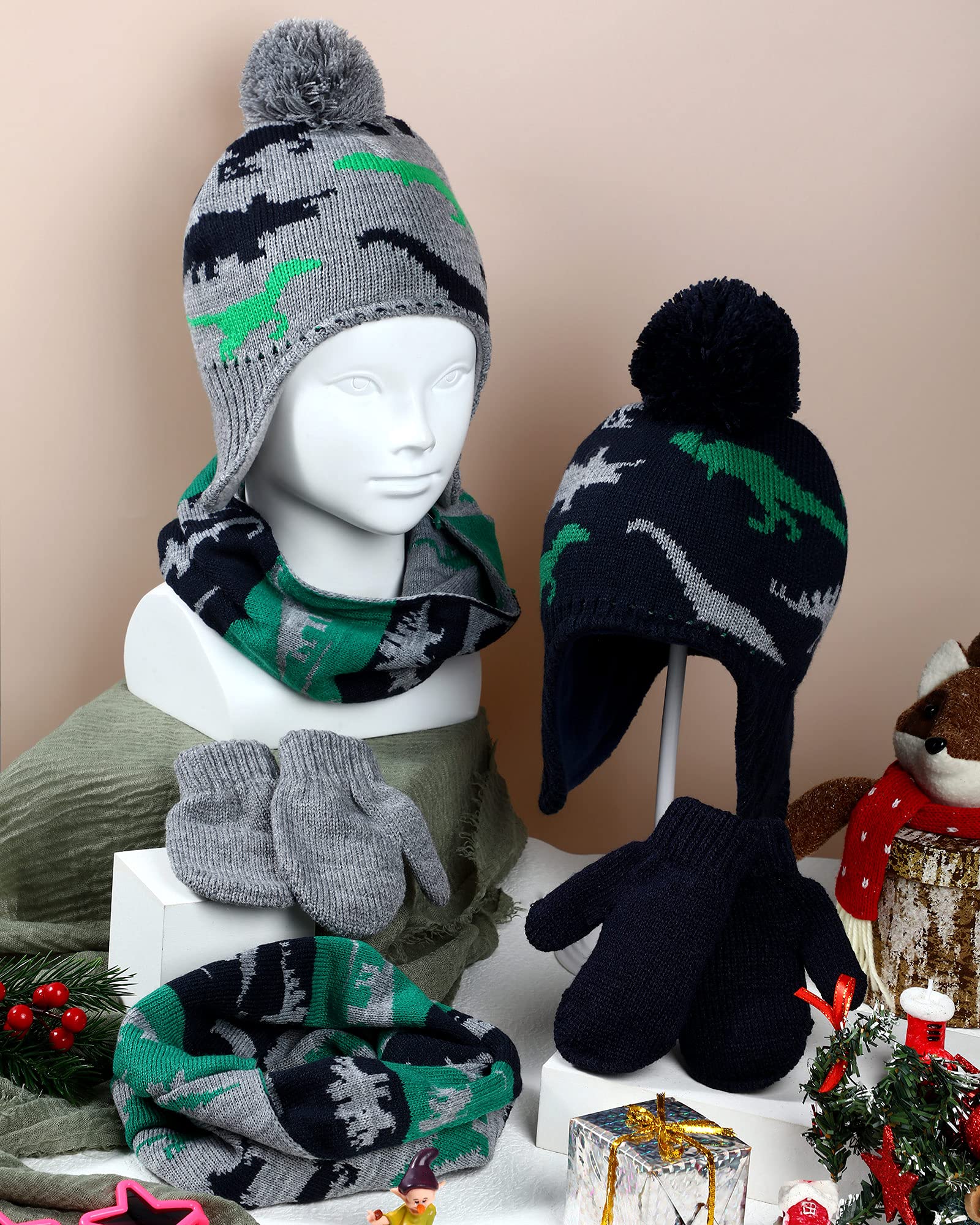 SATINIOR 6 Pieces Winter Boys Hat Dinosaur Warm Mittens Set Pompom Baby Knitted Hat Scarf Gloves Earflap Beanie (Stylish Color)