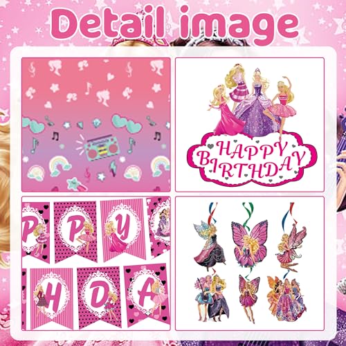 128 Pcs Pink Style Party Decorations, Pink Theme Birthday Decorations Include Banners, Tablecloth, Cake & Cupcake Topper, Backdrop, Tablewares, Balloons, Hanging Swirls, Napkins for Girls