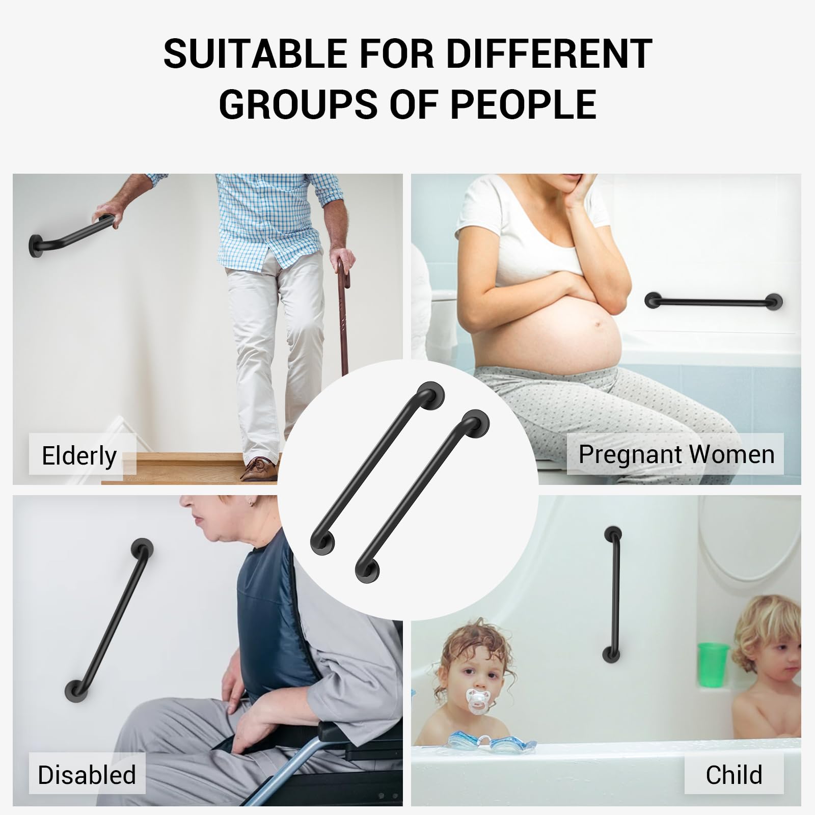 16 Inch Grab Bars for Bathtubs and Showers Black, Safety Shower Grab Bars for Seniors Elderly Handicapped, Handicap Grab Bars for Shower with Concealed Screws, Tesuchan