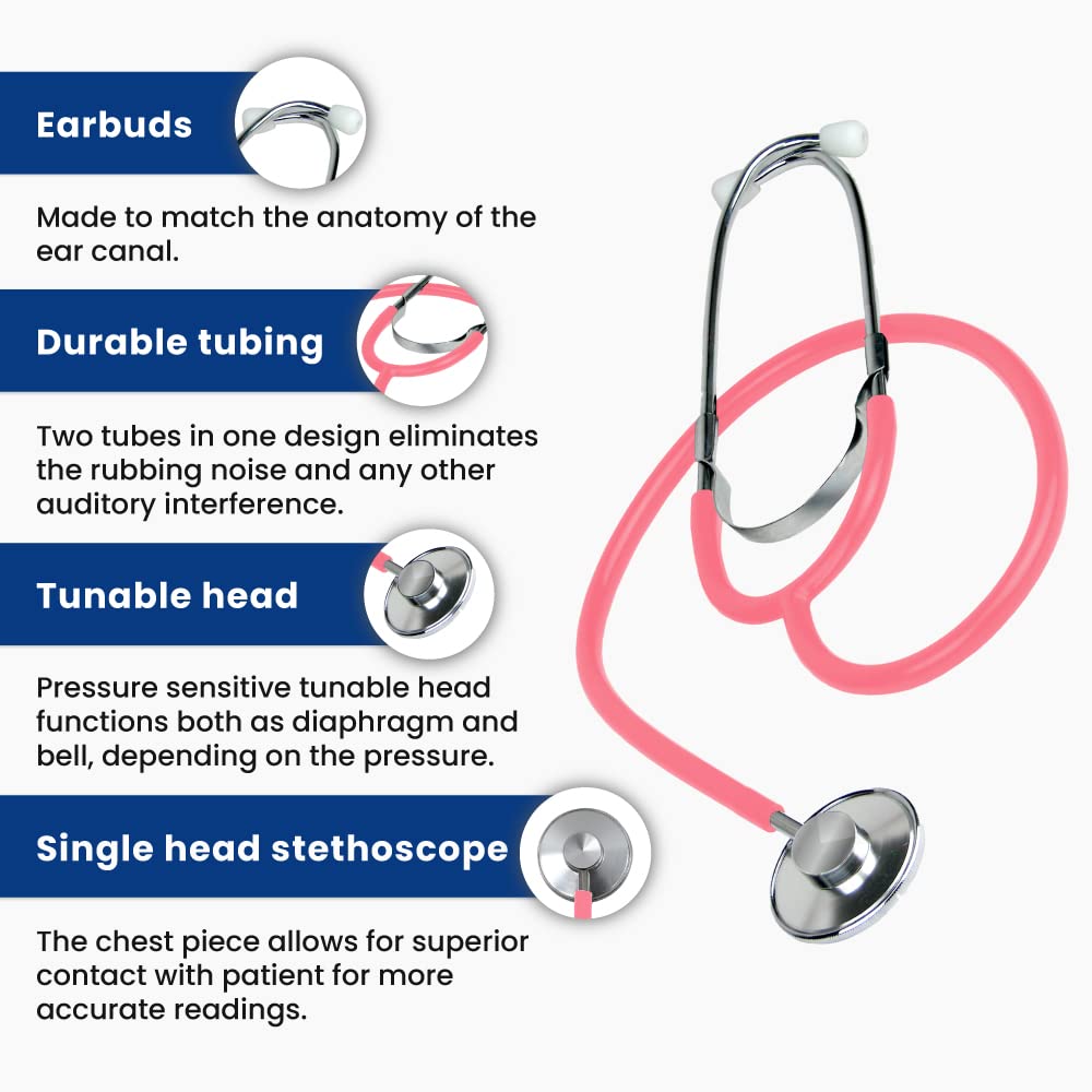 Dixie EMS Single Head Lightweight Stethoscope, Latex Free, for Doctors, Nurses, Students, Medical and Home Use - Pink