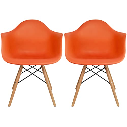 2xhome Plastic Armchair Dining Chairs, Orange - Natural Leg