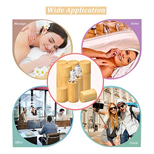 AUHOKY 12Pcs 5ml Bamboo Roll on Bottles for Essential Oils, Portable Massage Oil Bottle with Stainless Steel Roller Ball, Reusable Travel Perfumes Sample Lip Gloss Container (1 Opener)