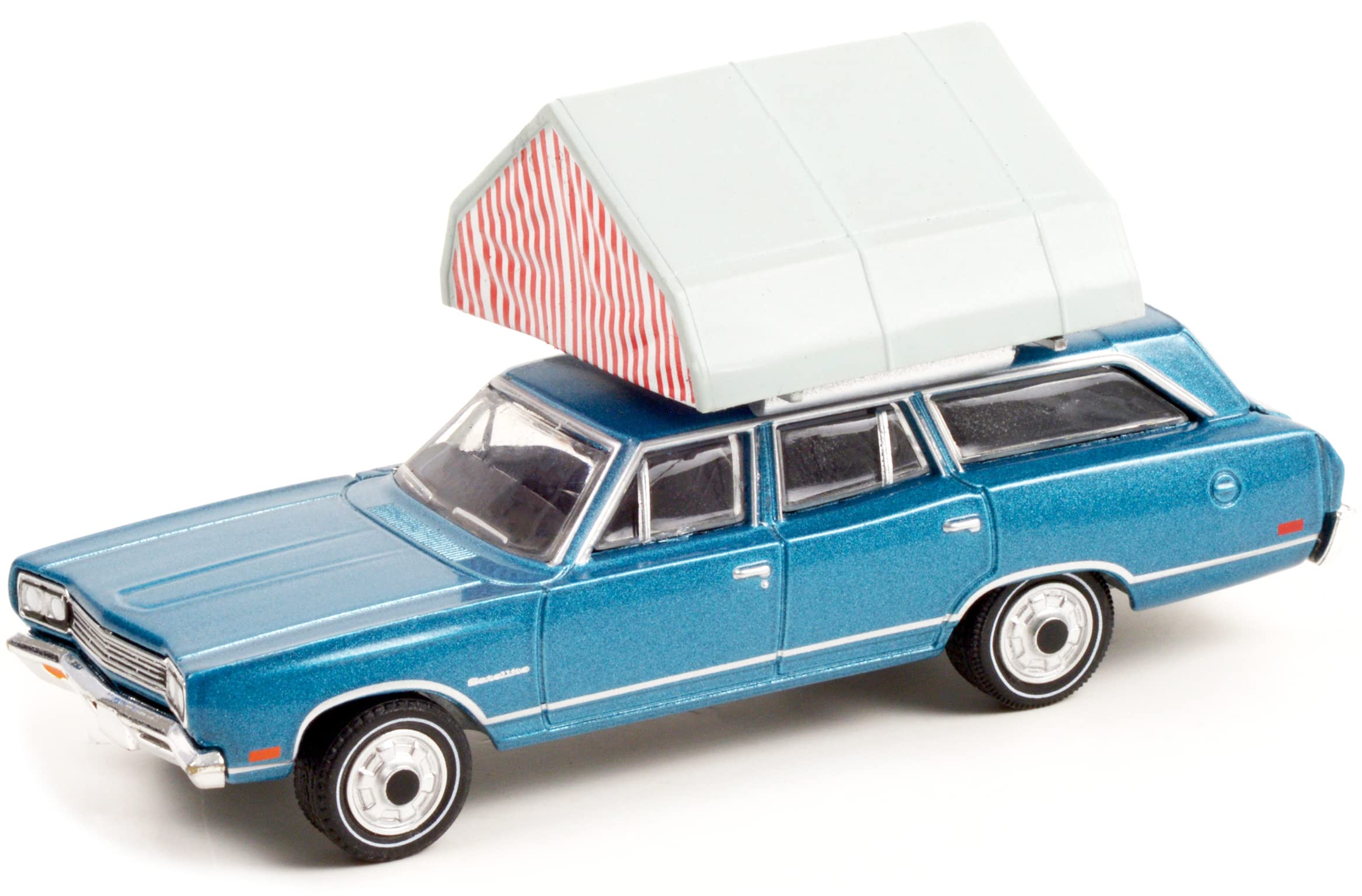 1969 Plymouth Satellite Station Wagon Blue Met. with Camp'otel Rooftop Sleeper Tent The Great Outdoors 1/64 Diecast Model Car by Greenlight 38010 B