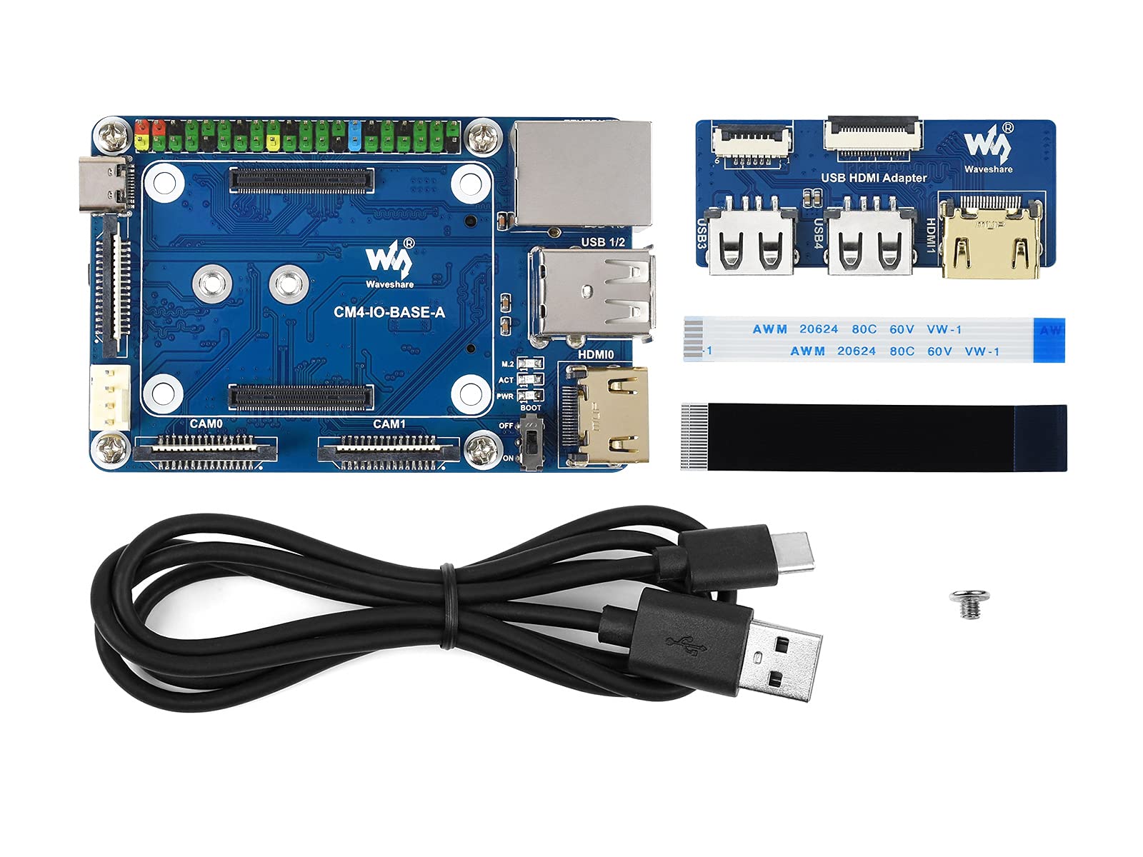 waveshare for Raspberry Pi Compute Module 4 Base Board Accessories Kit, Include CM4-IO-BASE-A (Lite Ver.), USB HDMI Adapter, FFC Cable and USB-A to USB-C Cable, More USB and HDMI Connectors via FFC