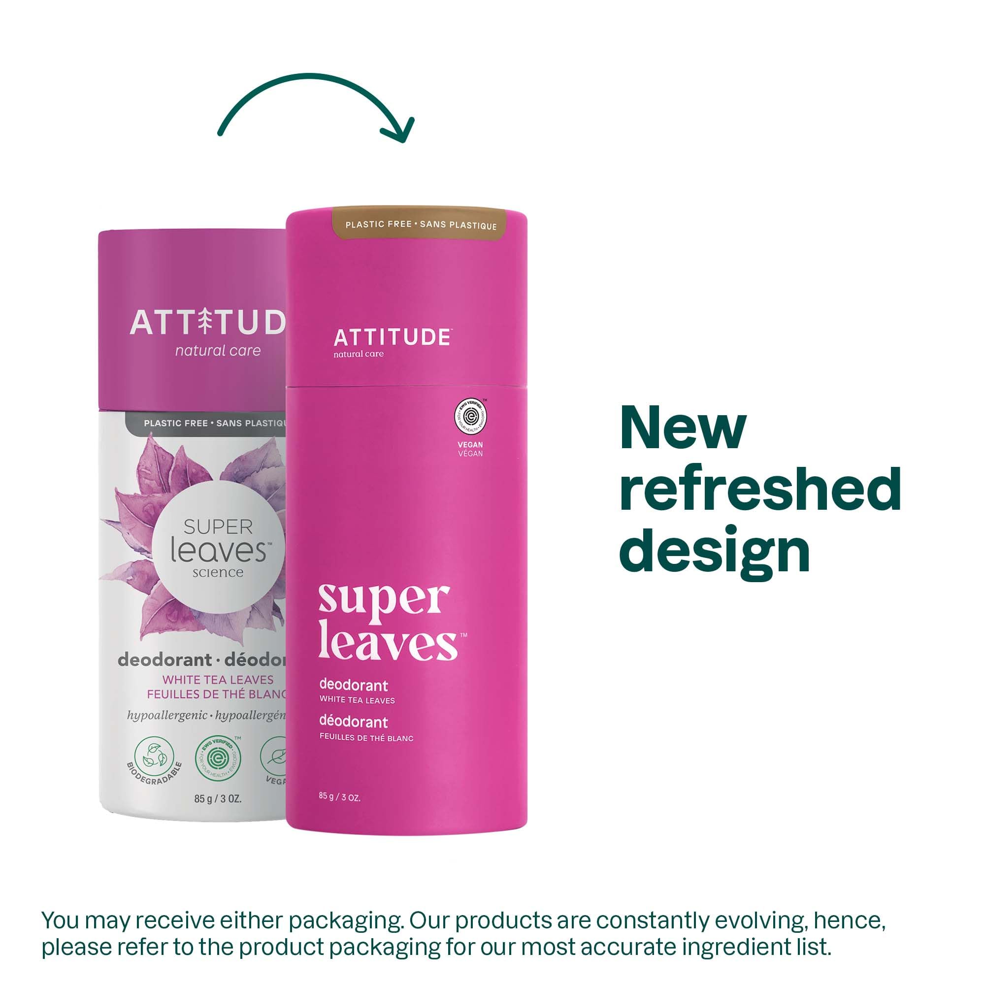 ATTITUDE Plastic-Free Deodorant, EWG Verified, Aluminum Free, Vegan Naturally Sourced Body Deodorants for Women & Men, Dermatologically Tested, White Tea Leaves, 3 Ounces