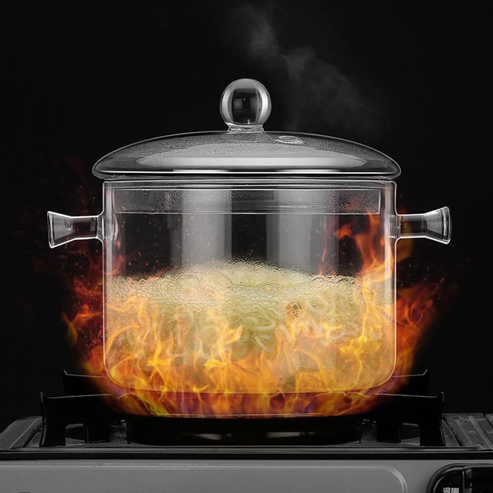 1900ml Glass Saucepan with Cover, Stovetop Cooking Pot and Pan with Lid and Handle Simmer Pot Clear Soup Pot, High Borosilicate Glass Cookware