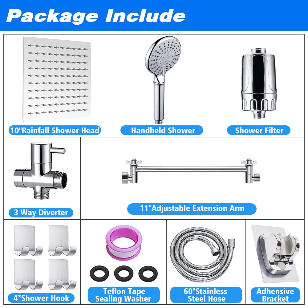 10" Rain Shower Head with Handheld Spray Combo High Pressure Rainfall Showerheads with 11" Extension Arm, Shower Filter for Hard Water & Chlorine + Hose & 4 Hooks, Square Dual Waterfall Shower Head