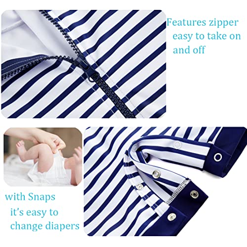 Baby Swimsuit Boy One Piece Rashguard with Hat UPF 50+ Sun Protection ,Blue Stripes,6-9 Months