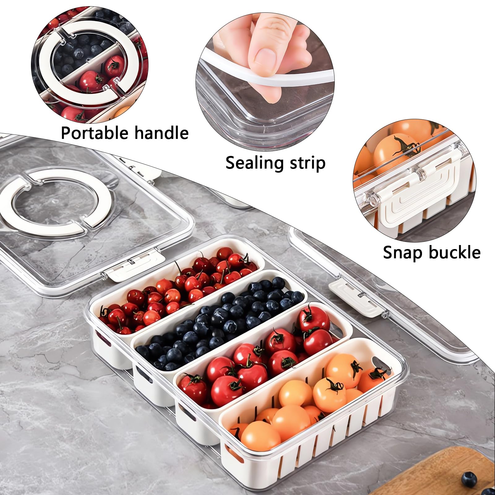 1PC Extra Large Fruit Storage Containers for Fridge - Portable Picnic Parties Snackle Box Veggie Tray - Divided Serving Tray with Lid and Handle - Berry Candy Food Snack Organizer Travel - 1PC