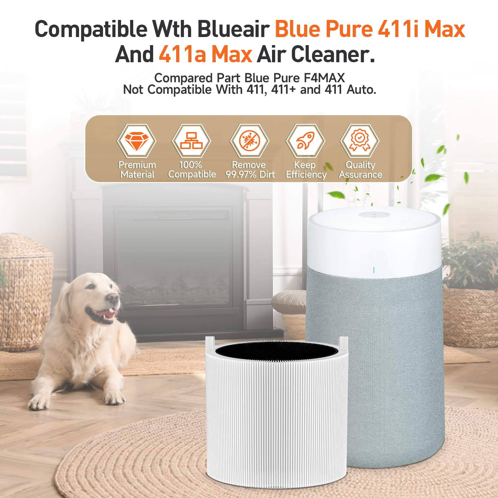 2 Pack Blue Pure 411i Max 411a Max F4MAX Replacement Filter Compatible With Blueair Blue Pure 411i Max 411a Max Air Cleaner. For Blue Pure F4MAX Filter. 3-in-1 True HEPA Filter Activated Carbon Filter