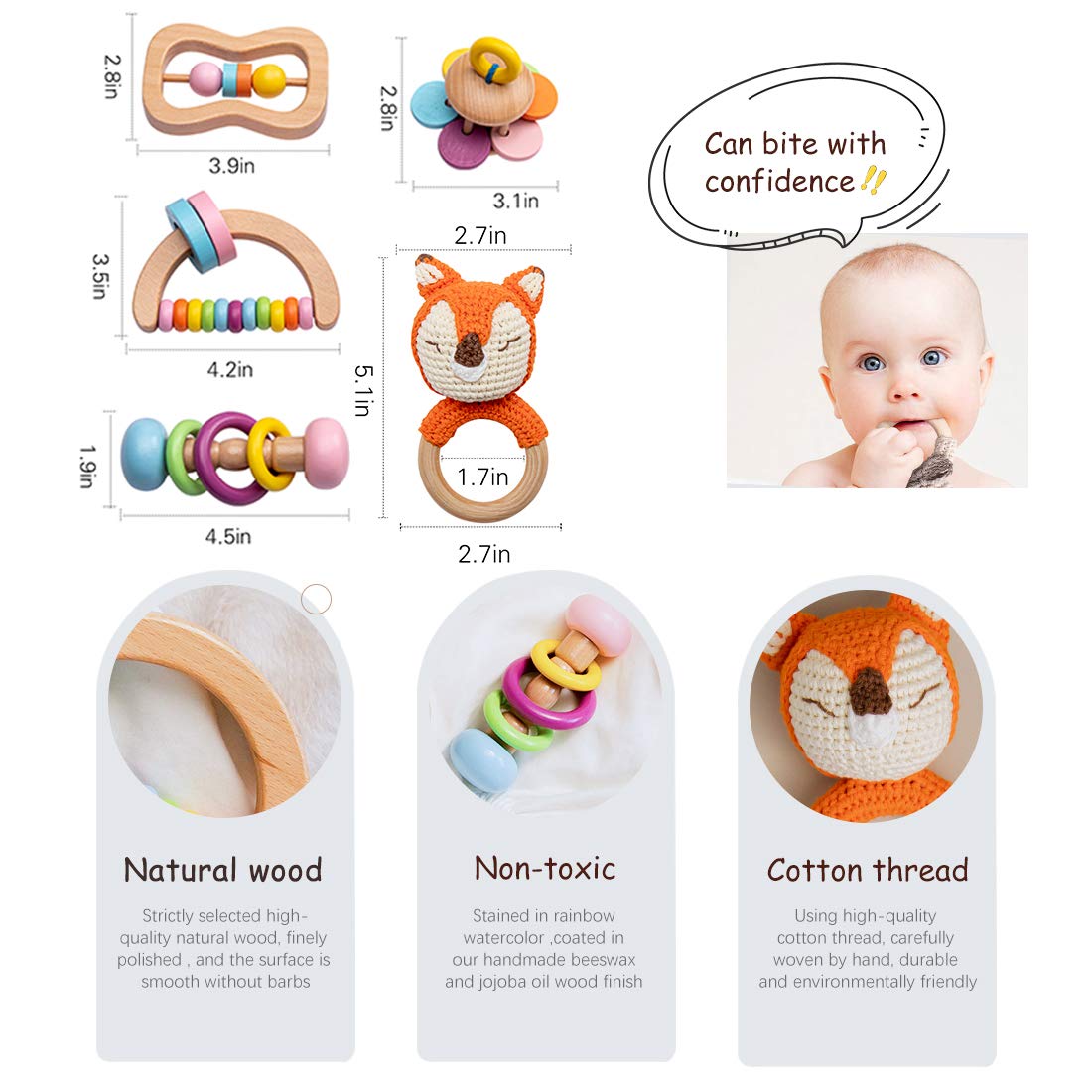 Baby Teething with Wooden Ring Beech Baby Teething Ring 5 PCS Wooden Ring Toy for Baby Wooden Teether with Gift Box